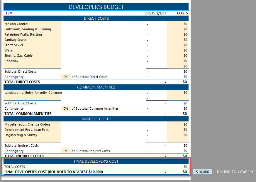Subdivision: Using the LOTCOST | Cost Approach sheet – Valcre Online Support